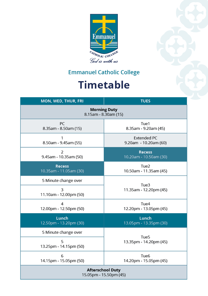 Bell Times – Emmanuel Catholic College